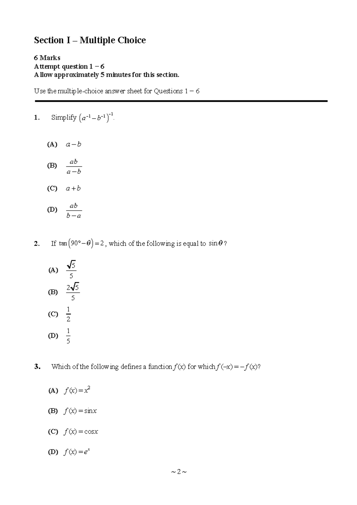SBHS 2020 Y11 ME Practice Paper 3 - Section I – Multiple Choice 6 Marks ...