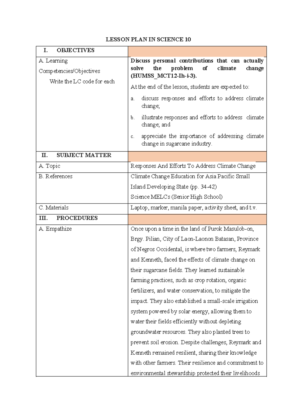 Lesson plan msm 504 - LESSON PLAN IN SCIENCE 10 I. OBJECTIVES A ...