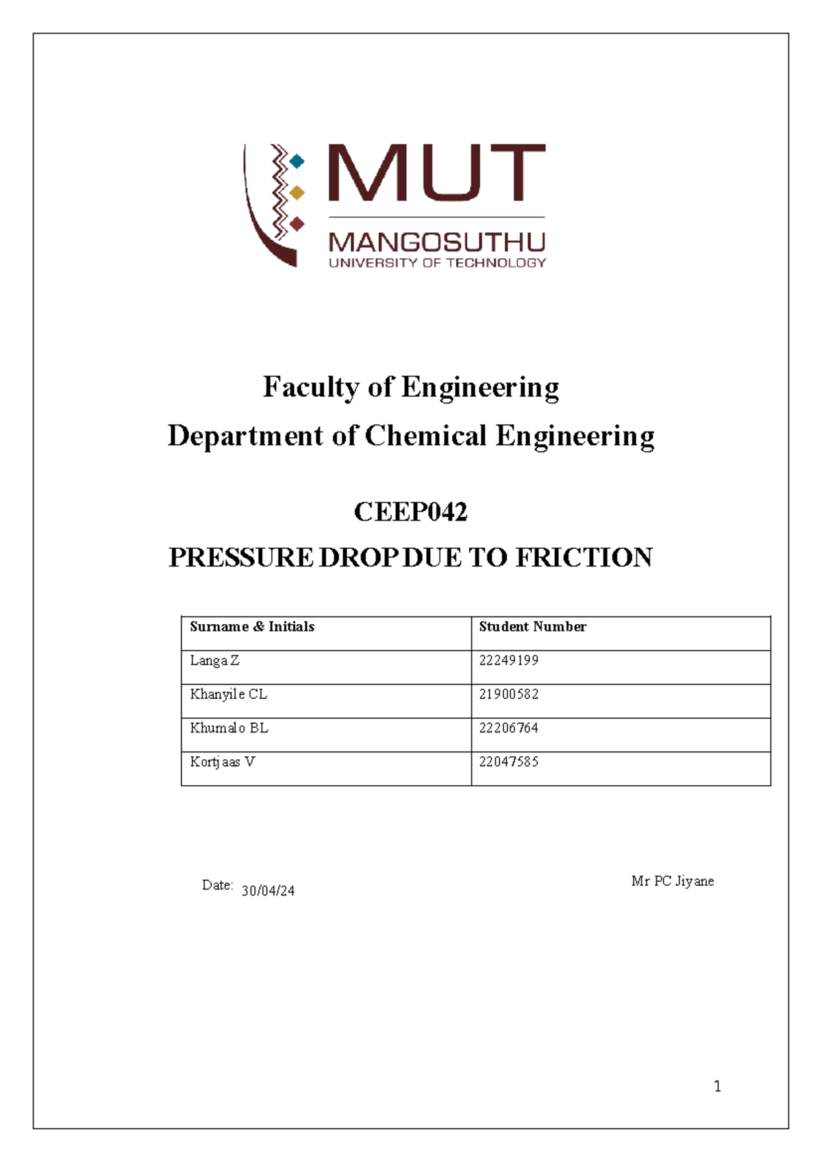 Pressure DROP DUE TO Friction 2222 - Faculty of Engineering Department ...