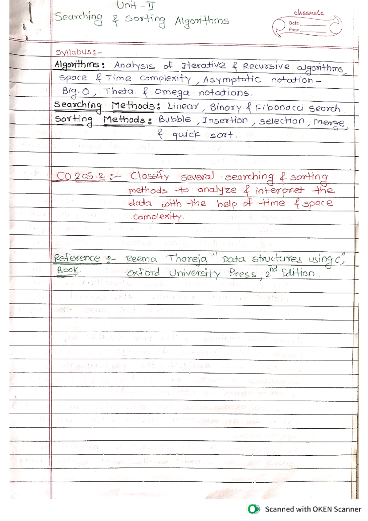 DS unit 2 - lecture handwritten notes - Unit II classmate Searching ...