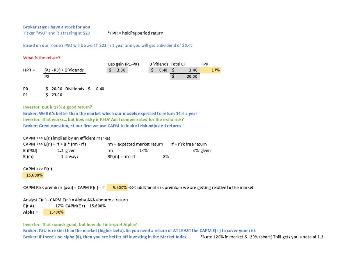 CAPM and Alpha Excel Example - Broker says: I have a stock for you ...