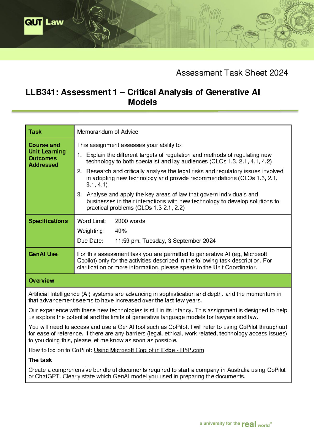 Assignment 1 Description and CRA 24 - Assessment Task Sheet 2024 LLB341 ...