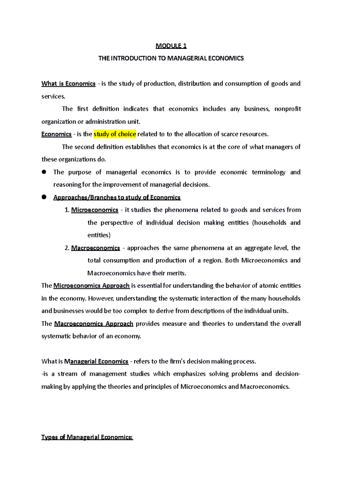 Module 1 - MODULE 1 THE INTRODUCTION TO MANAGERIAL ECONOMICS - MODULE 1 ...