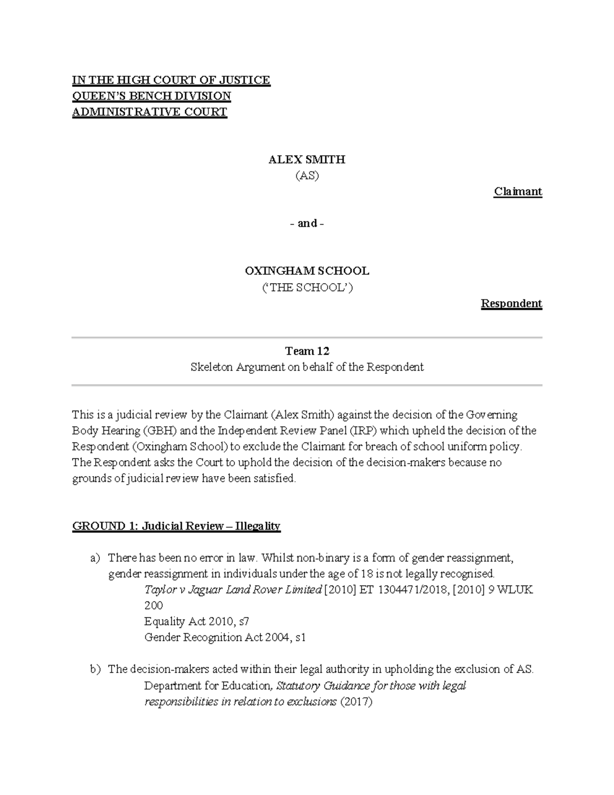Team 12 Skeleton Argument - IN THE HIGH COURT OF JUSTICE QUEEN’S BENCH ...