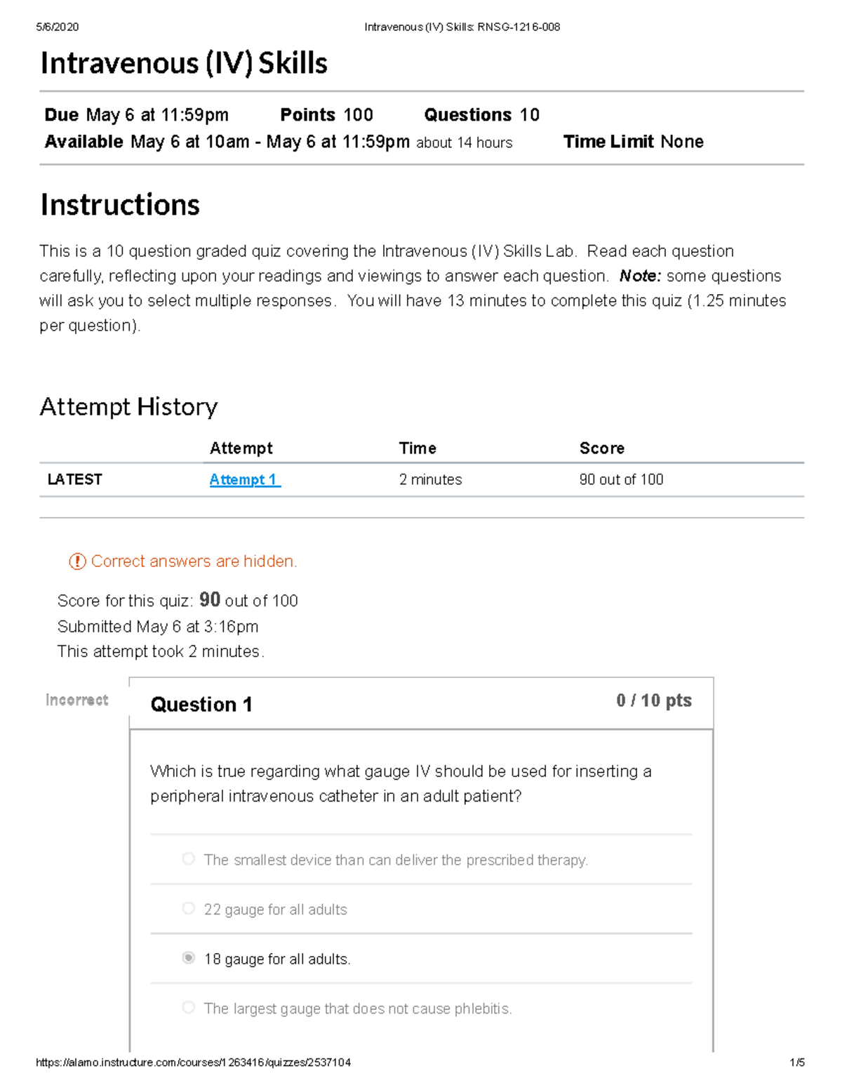 Intravenous (IV) Skills Quiz - Intravenous (IV) Skills Due May 6 at 11 ...