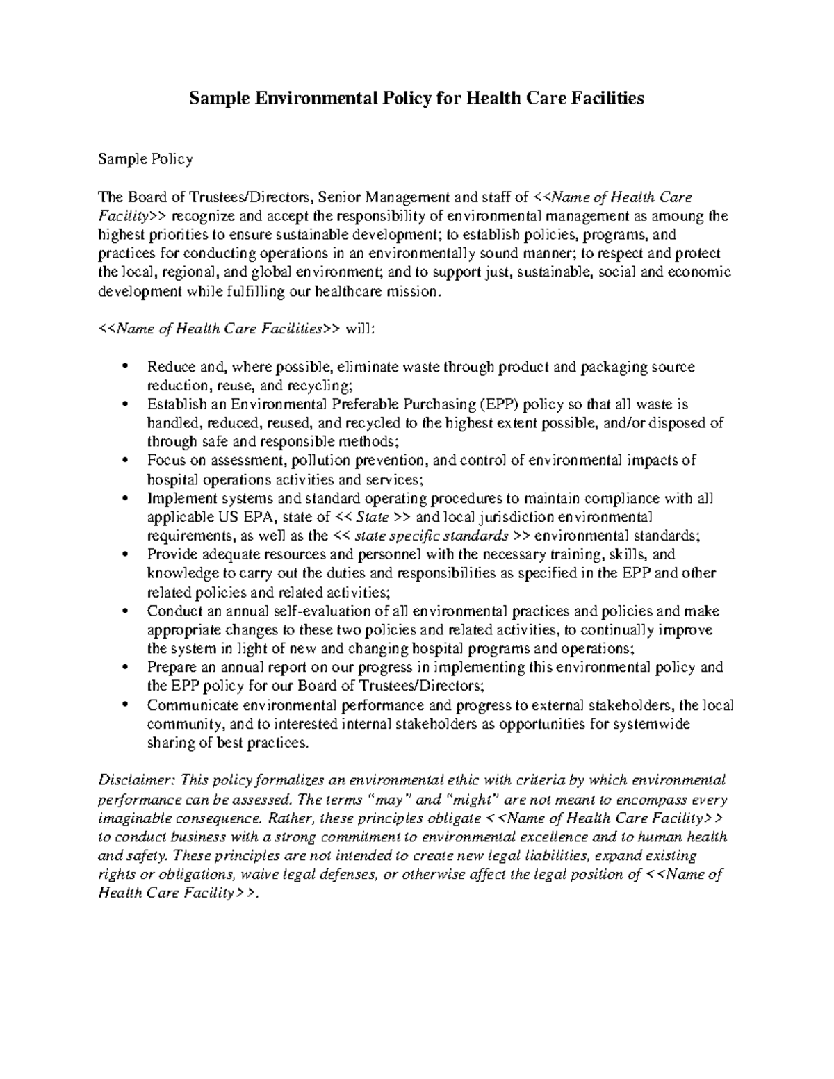 Env Policy - zyxwvutsrq zyxw zyxw zyxwvu Sample Environmental Policy ...