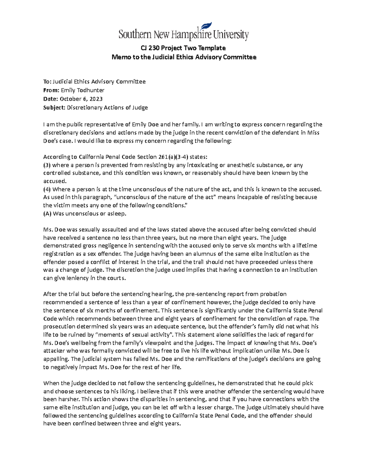 CJ 230 Project Two Template - CJ 230 Project Two Template Memo to the Judicial Ethics Advisory ...