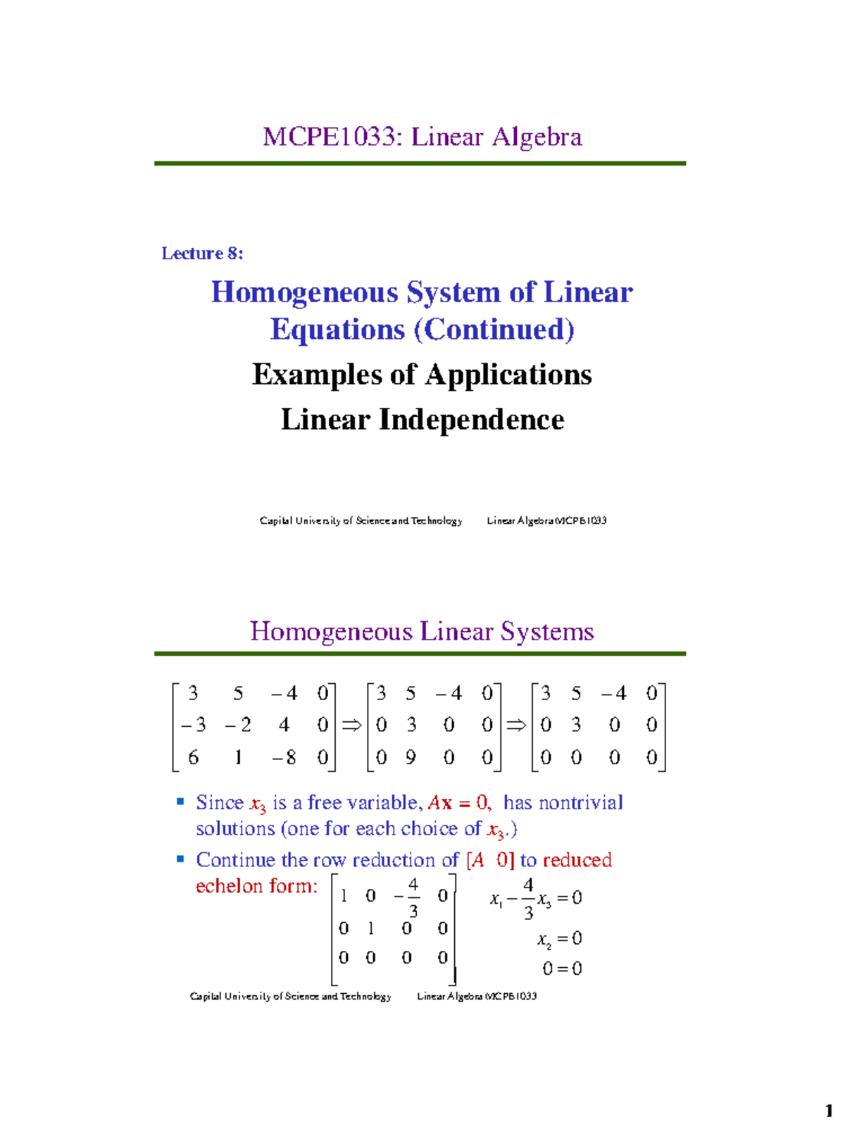 Lecture 8 - Capital University of Science and Technology Linear Algebra ...