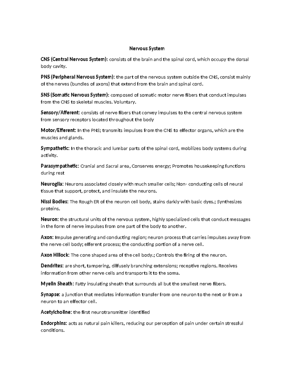 Nervous System Vocabulary - Nervous System CNS (Central Nervous System ...