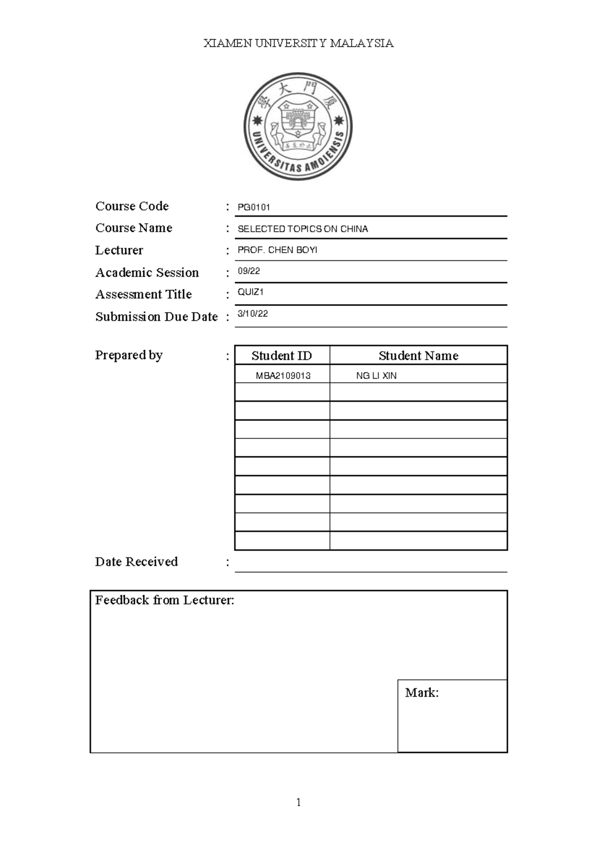 STC Quiz 1 - assignment - XIAMEN UNIVERSITY MALAYSIA 1 Course Code ...
