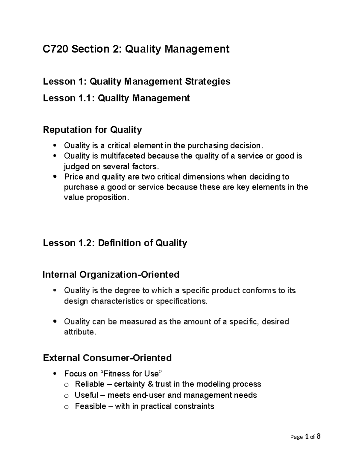C720 Section-MRG-QM - study guide - C720 Section 2: Quality Management Lesson 1: Quality ...