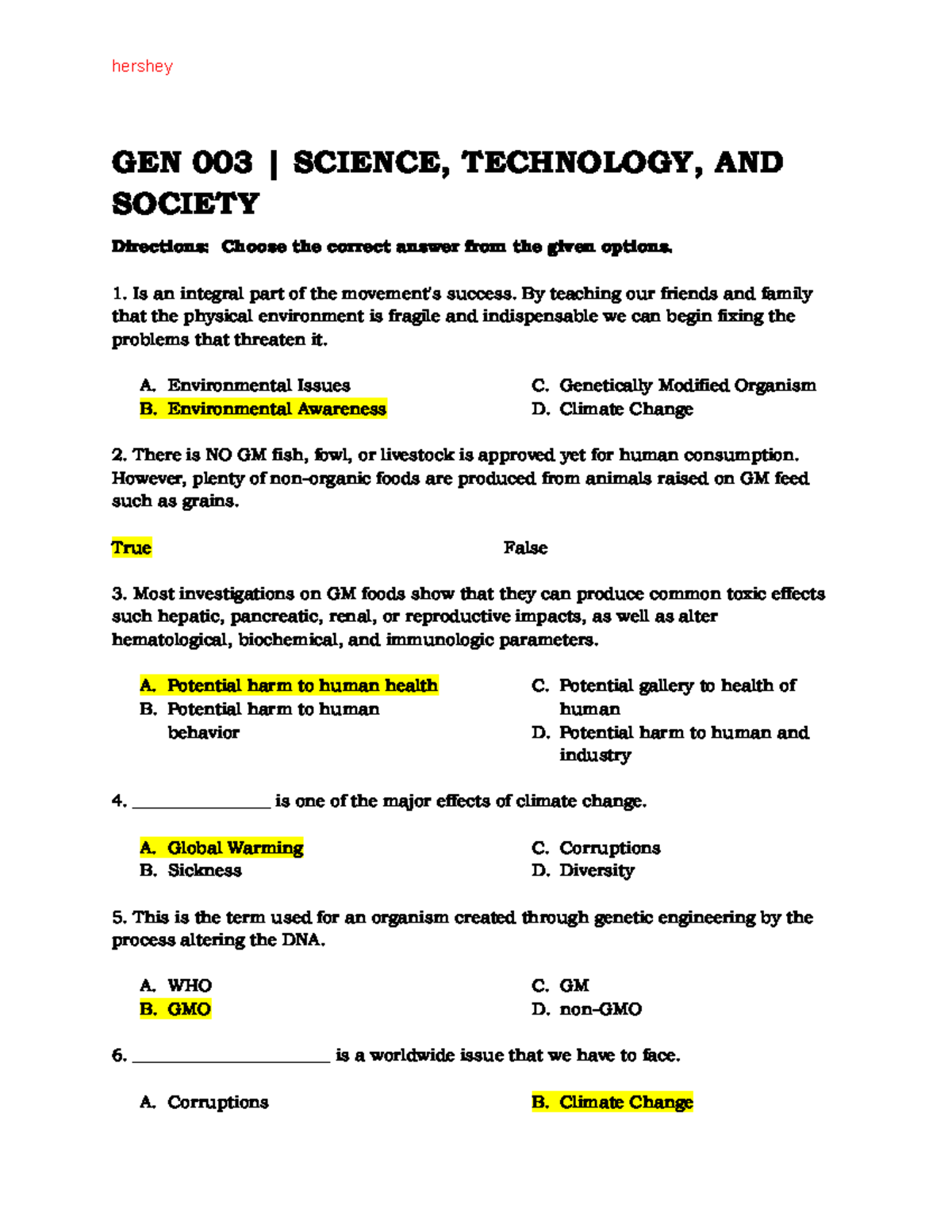 GEN 003 Practice Qs - Multiple choice questions with answers - hershey ...
