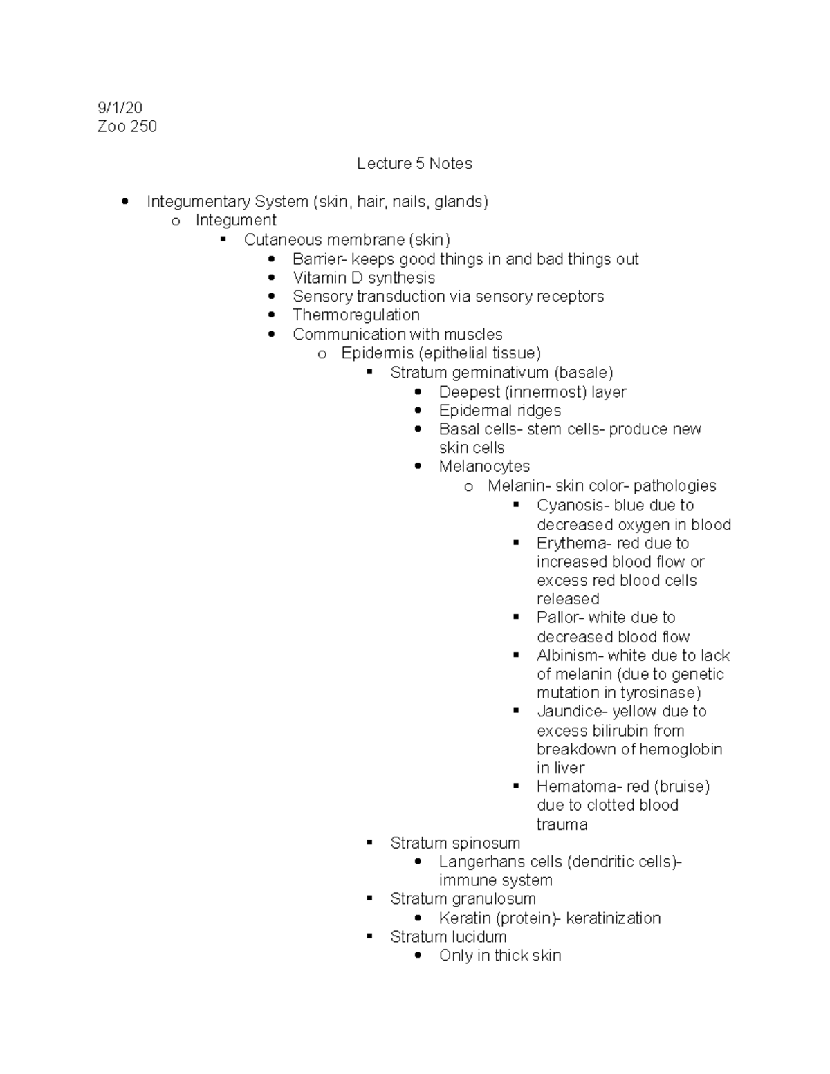 Lecture 5 Notes Integumentary System - 9/1/ Zoo 250 Lecture 5 Notes ...