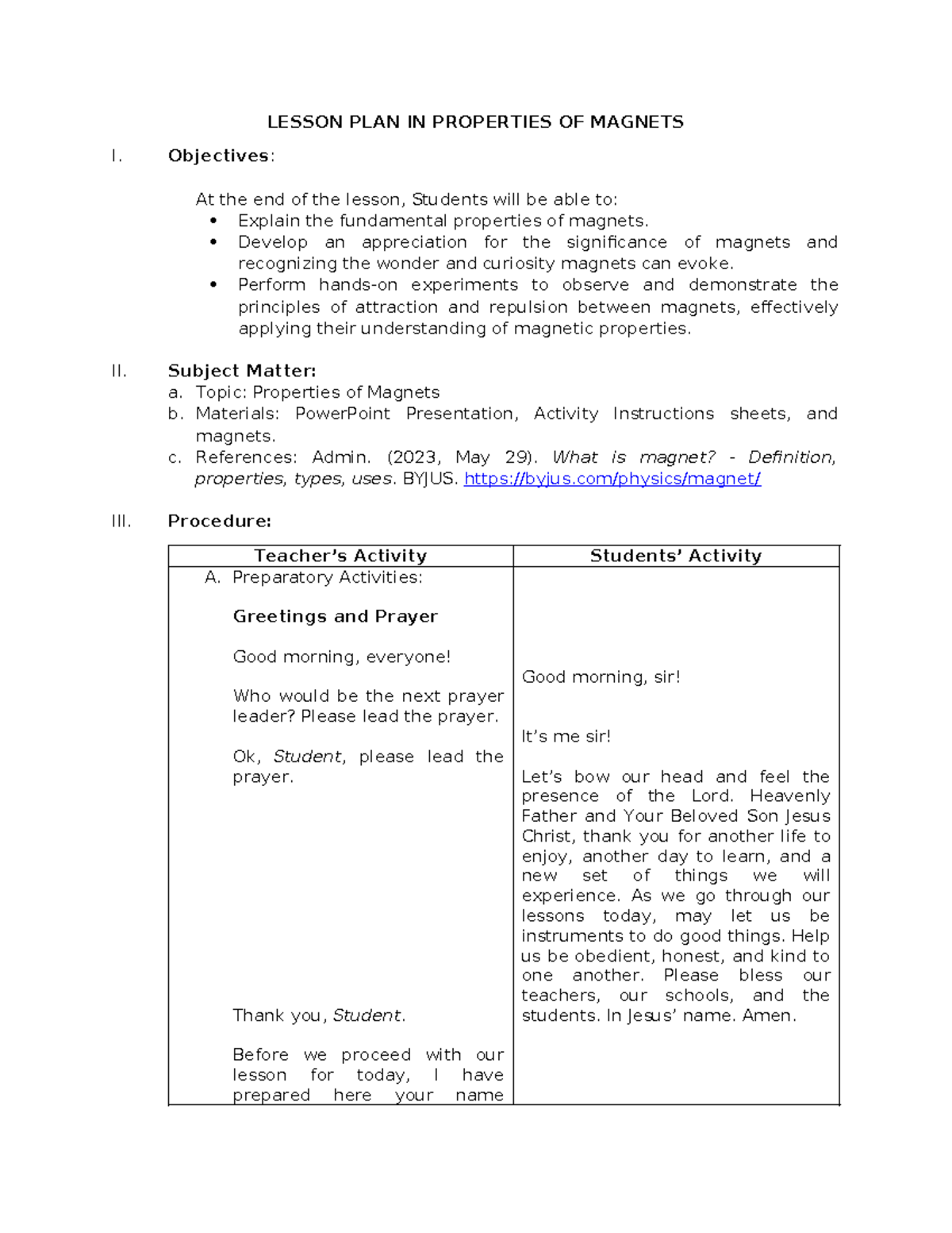 Lesson PLAN IN Electricity and Magnetism - LESSON PLAN IN PROPERTIES OF ...
