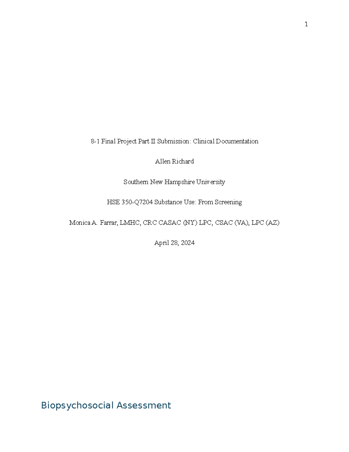 8-1 Final Project Part II Submission- Clinical Documentation - Farrar ...