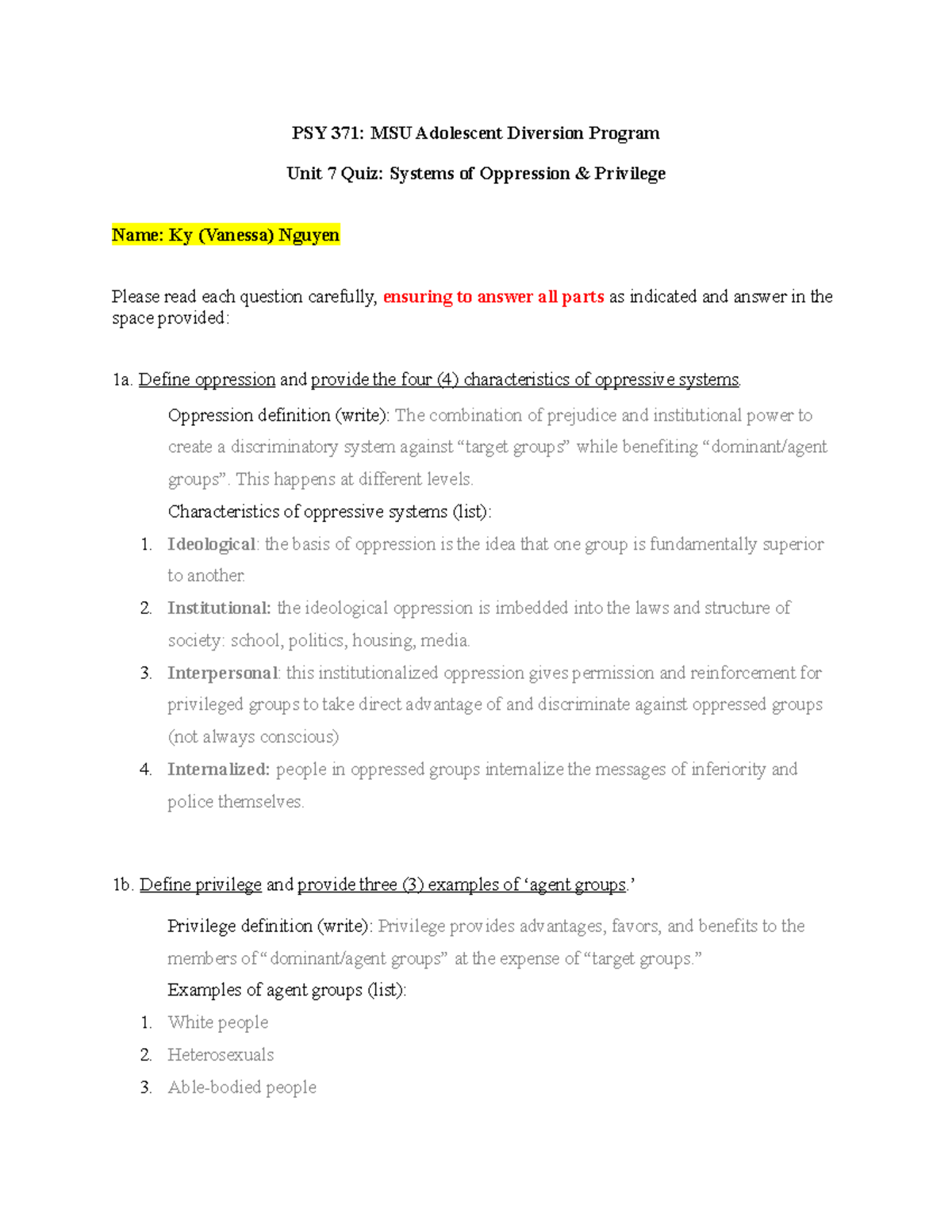 Unit 7 Quiz - Adolescent Diversion Program; systems of oppression and ...