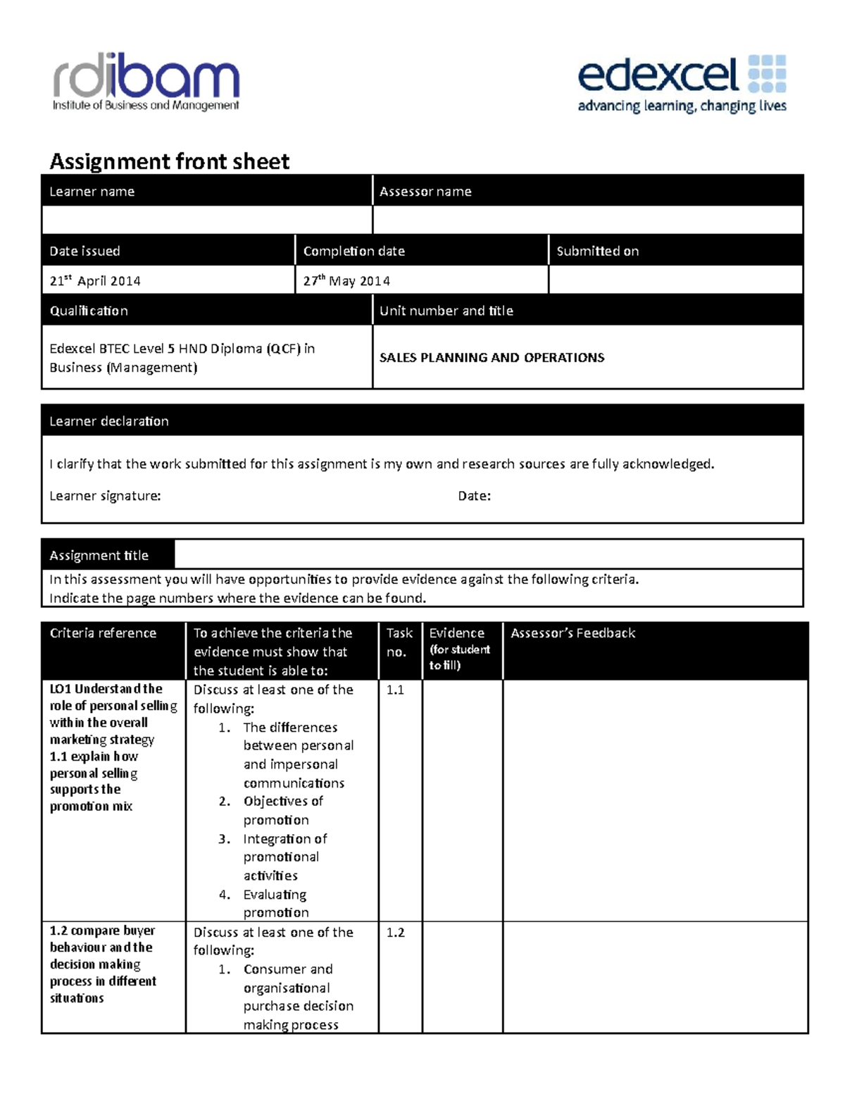 Assignment front sheet SPO Apr 14 - Assignment front sheet Learner name ...