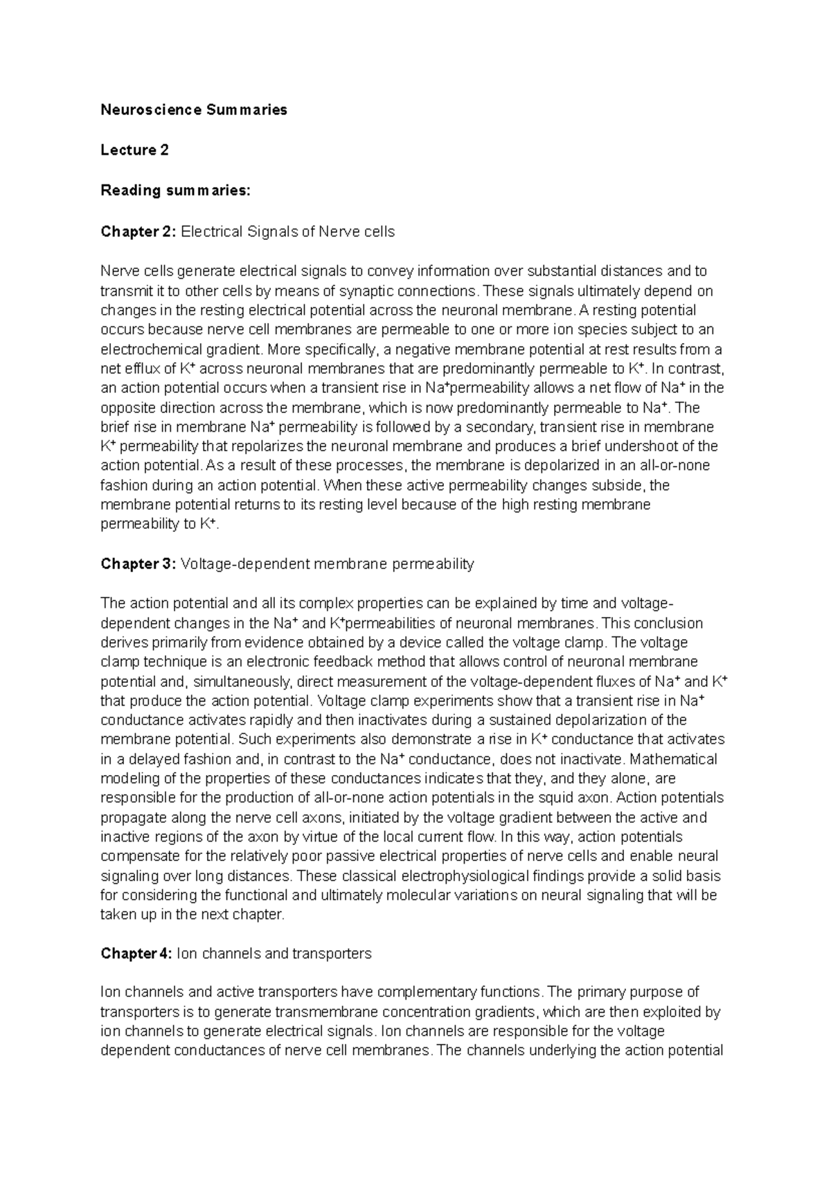 Chapter's 2, 3 and 4 summaries of principles of neuroscience essential ...