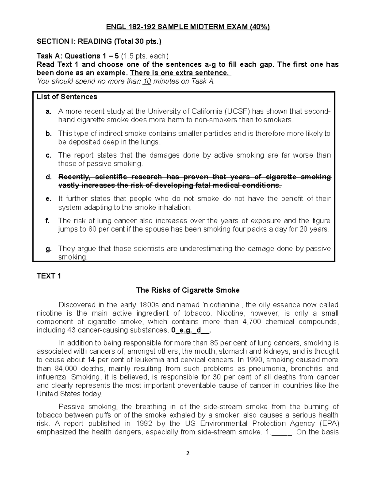 182 192 Sample Midterm 40 pts - ENGL 182-192 SAMPLE MIDTERM EXAM (40% ...