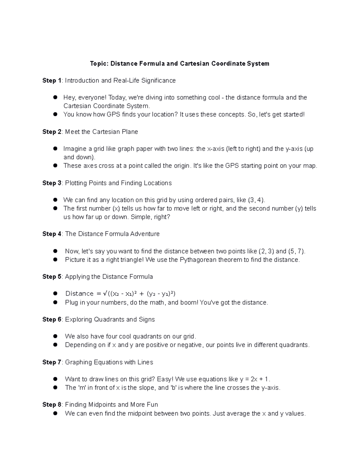 Asynchronous Session - Topic: Distance Formula and Cartesian Coordinate ...