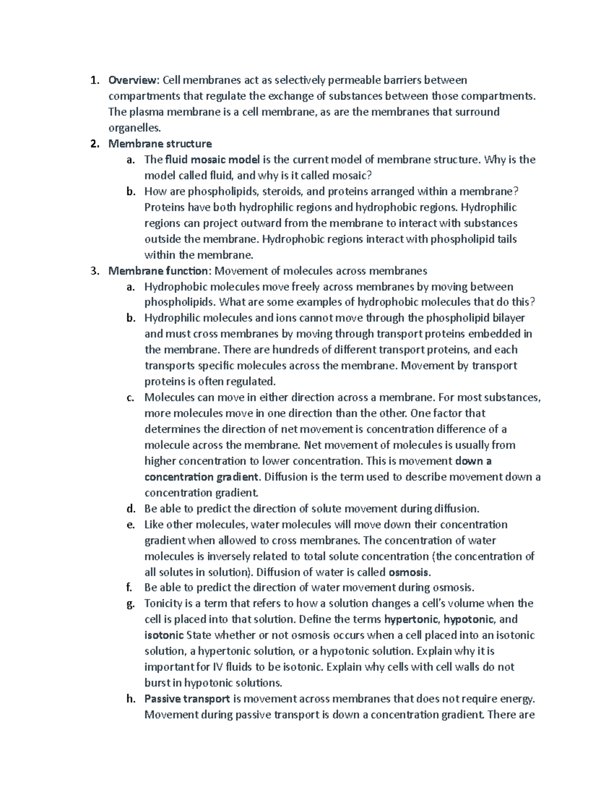 Membrane Structure and Function Study Guide - Copy - Overview: Cell ...