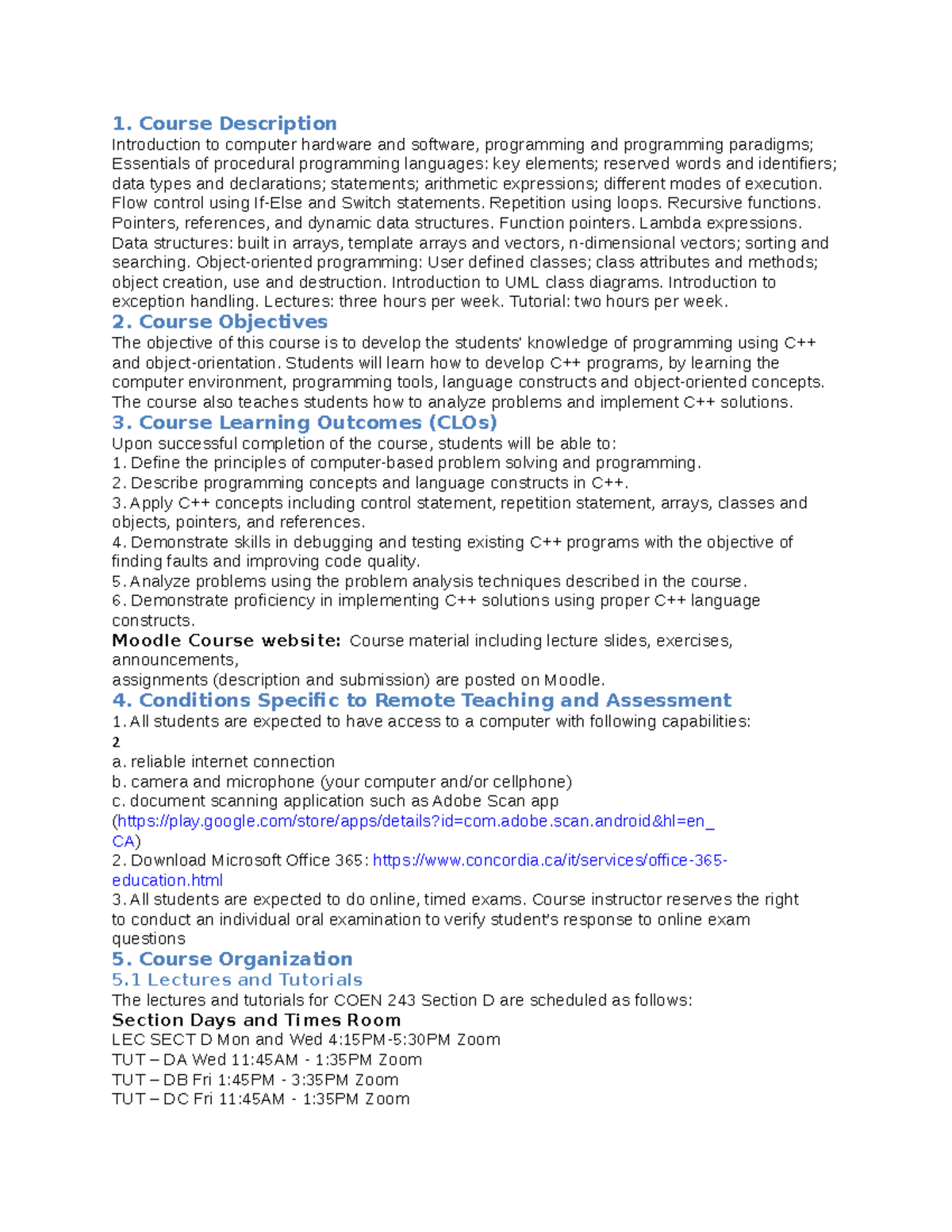 COEN243 outline - 1. Course Description Introduction to computer hardware and software ...