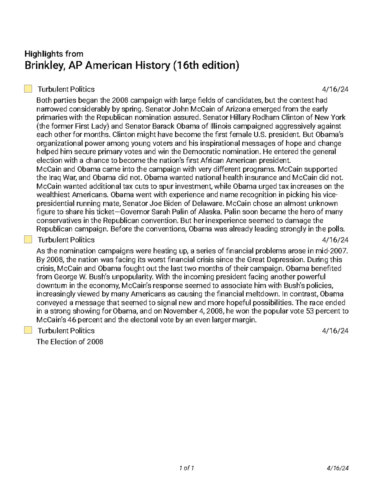 Brinkley, AP American History (16th edition)-highlights - Highlights ...
