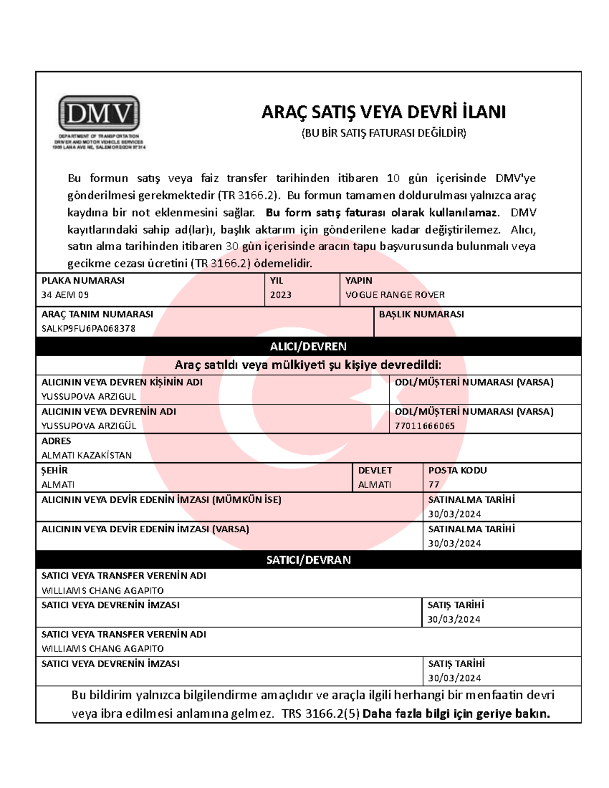 DMV Papers - Something Light - ARAÇ SATIŞ VEYA DEVRİ İLANI (BU BİR ...