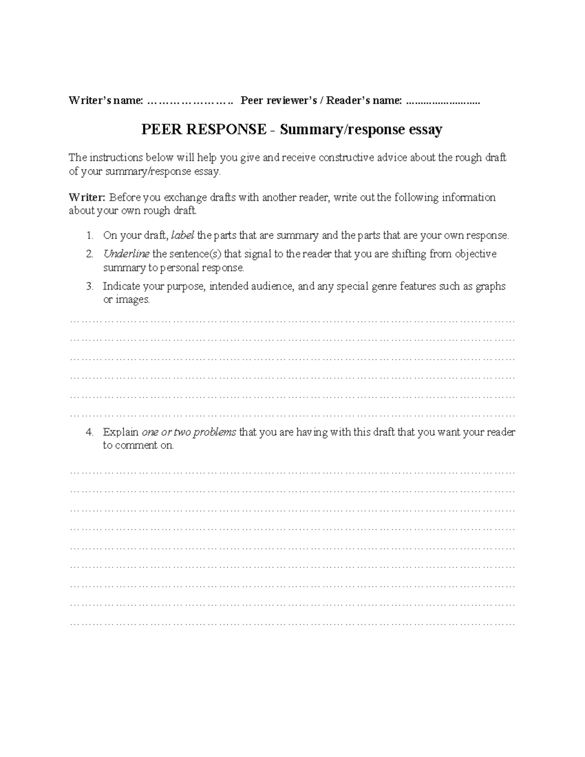 Peer review guide - Summary response and rhetorical analysis - Writer’s ...