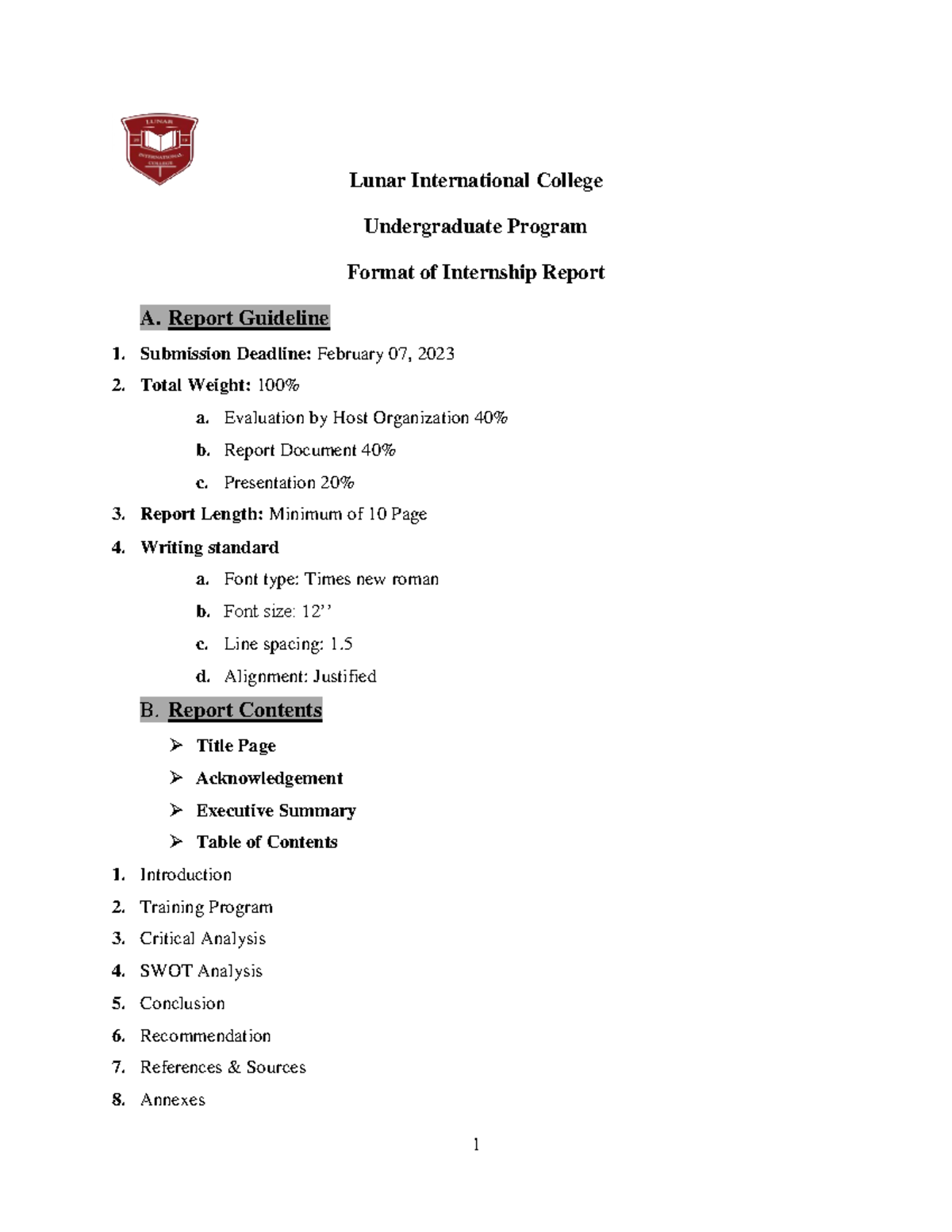 Format of Internship Report - Lunar International College Undergraduate ...