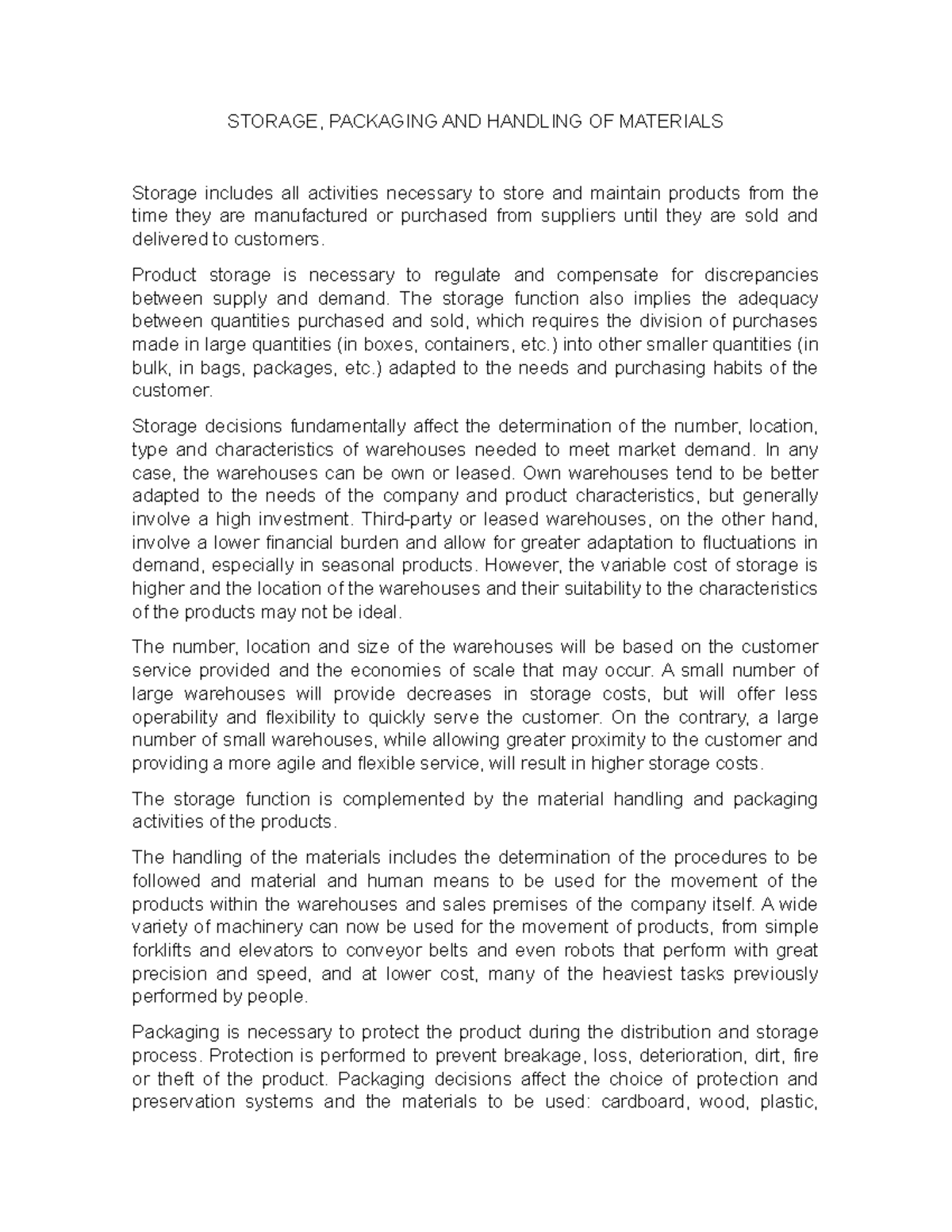 STORAGE, PACKAGING AND HANDLING OF MATERIALS - Product storage is ...