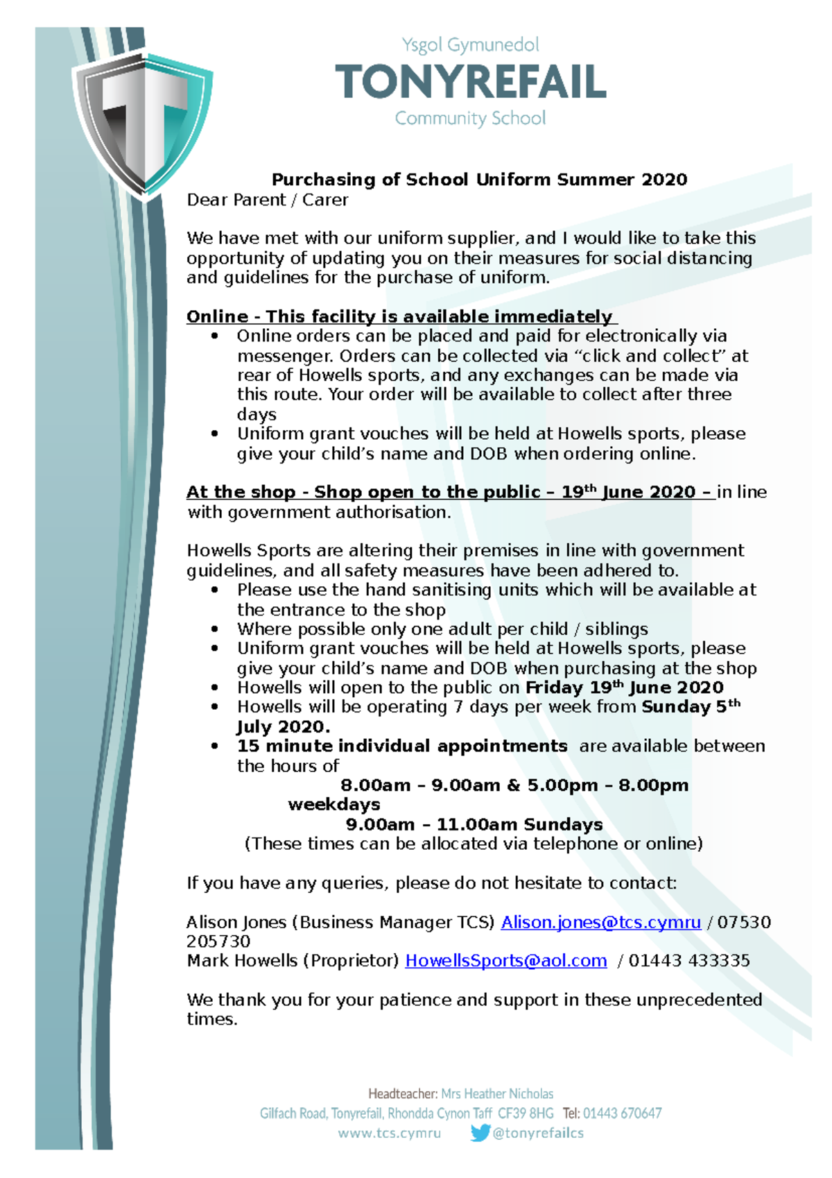 Uniform letter to parents - Purchasing of School Uniform Summer 2020 ...