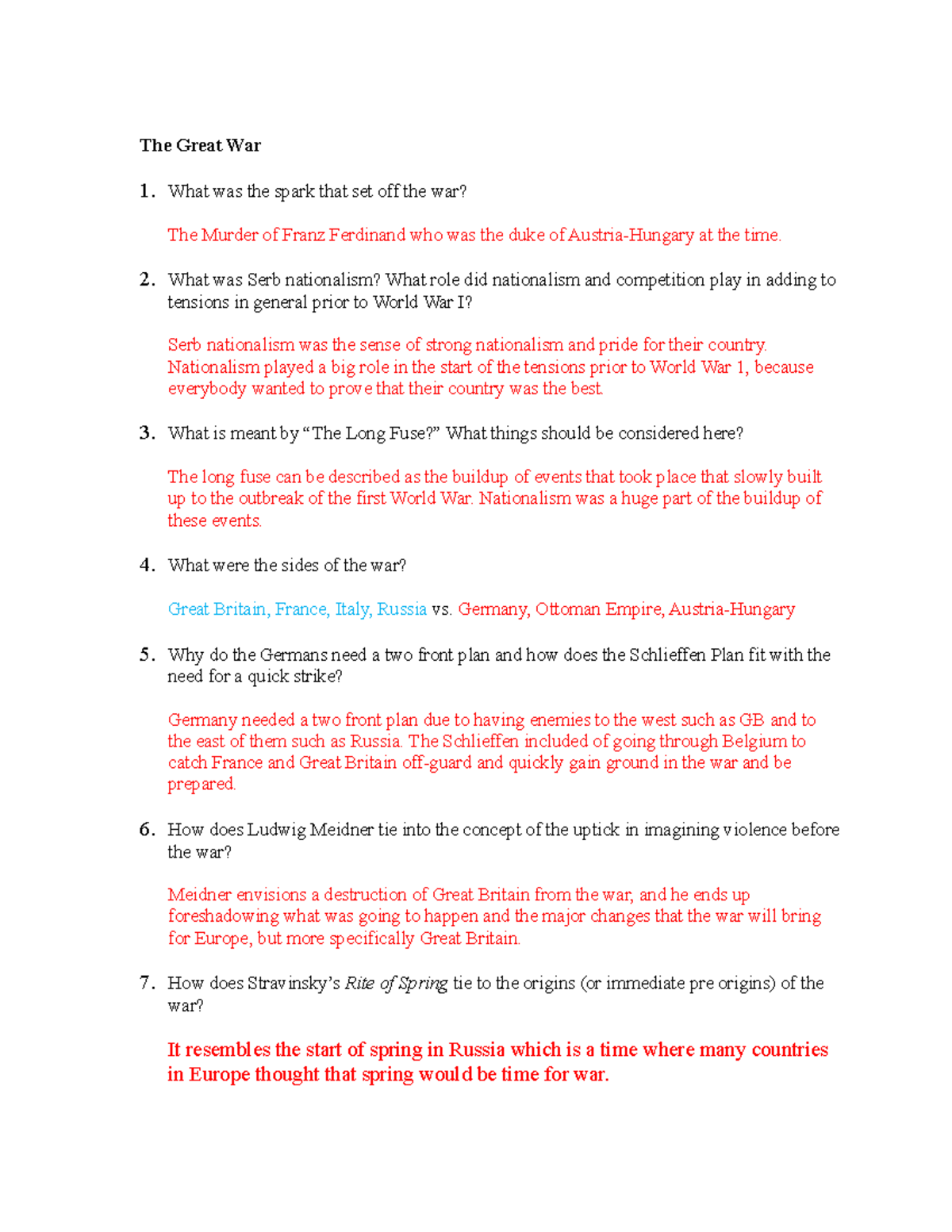 The Great War Lecture Questions - The Great War 1. What was the spark ...