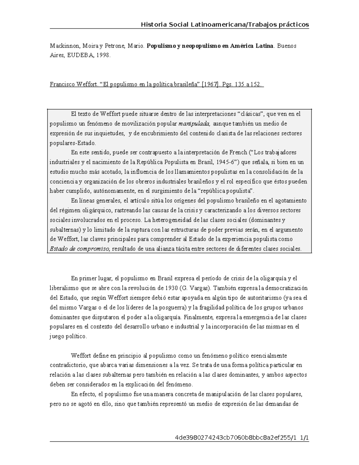 Weffort - resumen texto lectura de práctico, tema Populismo en Brasil ...