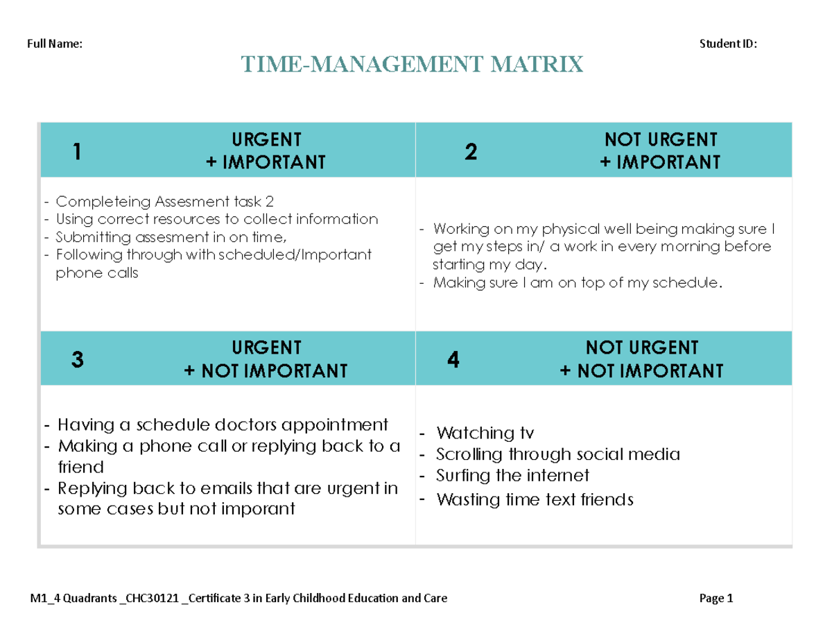 Quadrant Template - M1AT06 - Full Name: Student ID: TIME-MANAGEMENT ...