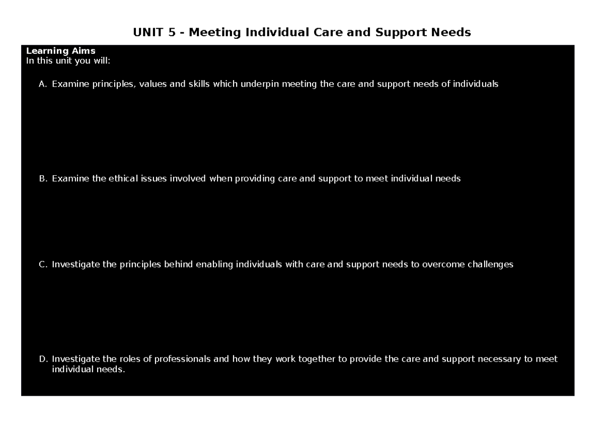 Unit-5 Overview and Checklist - UNIT 5 - Meeting Individual Care and ...
