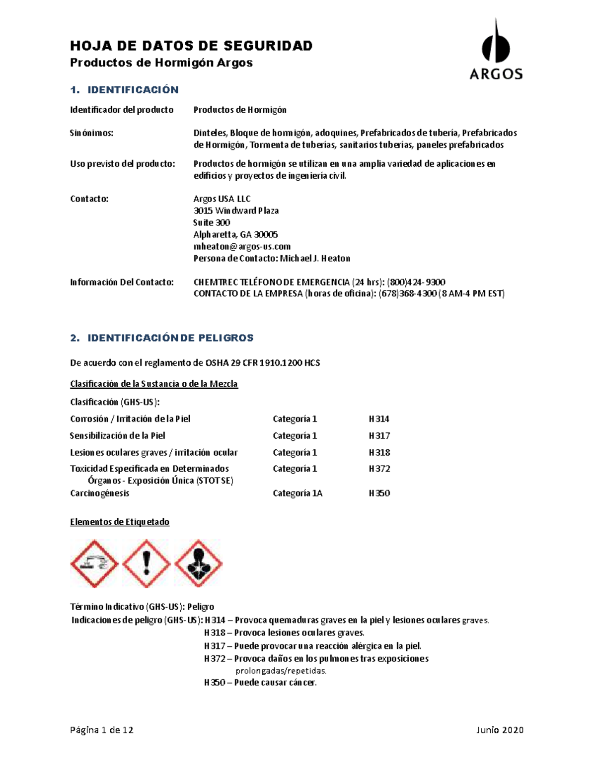 HOJA DE Seguridad - Cemento Argos - Productos de Hormigón Argos 1 ...
