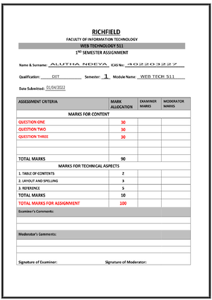 Web Technology 511 Assignment - FACULTY OF INFORMATION TECHNOLOGY WEB TECHNOLOGY 511 Name ...