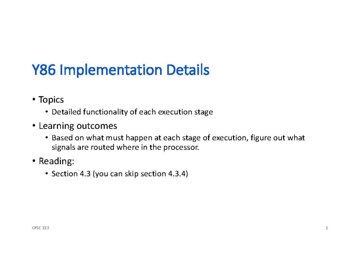 Y86-impl - Pre Class Activity - Y8 6 Implementation Details " Topics " Detailed - Studocu