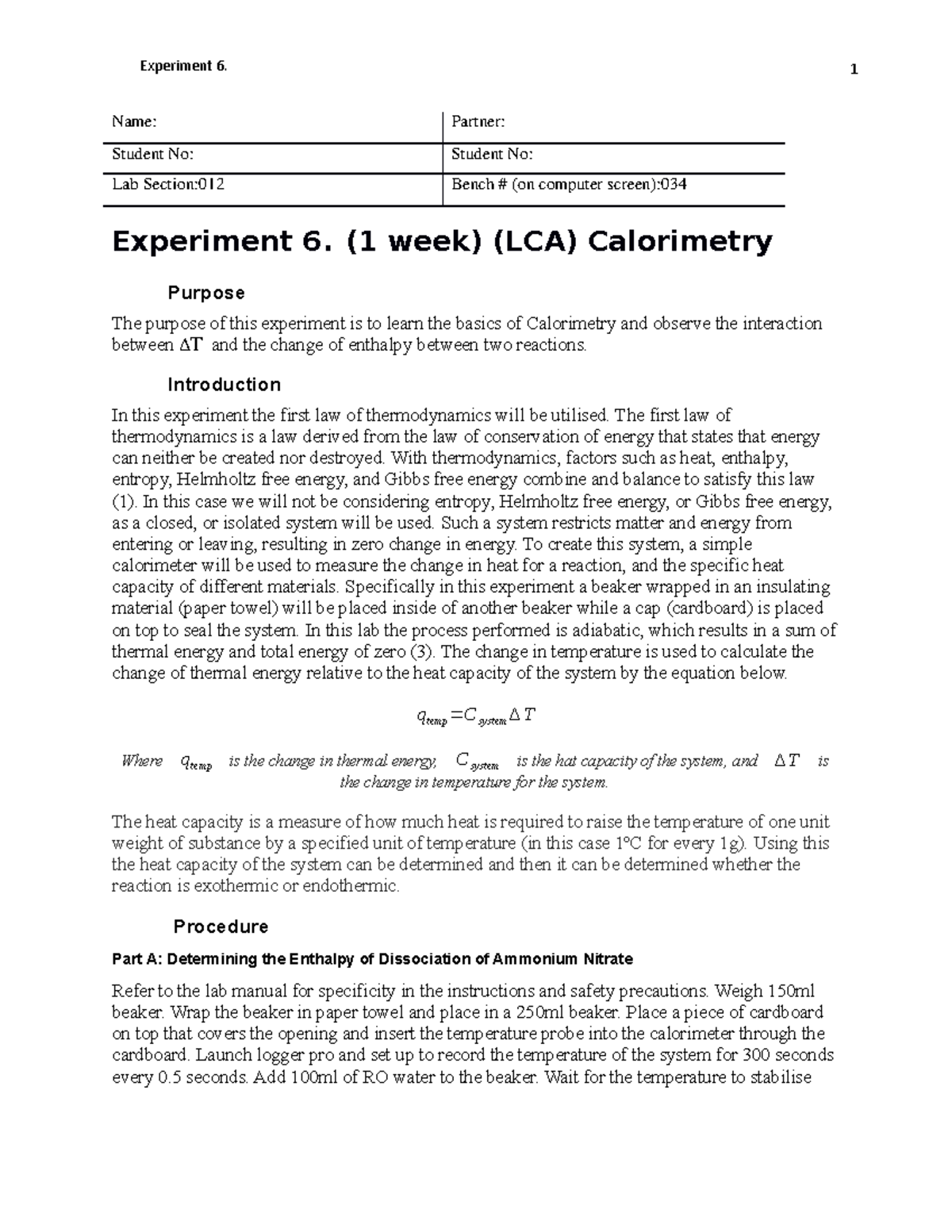 Calorimetry Lab 6 A+ Chem112 - Name: Partner: Student No: Student No ...