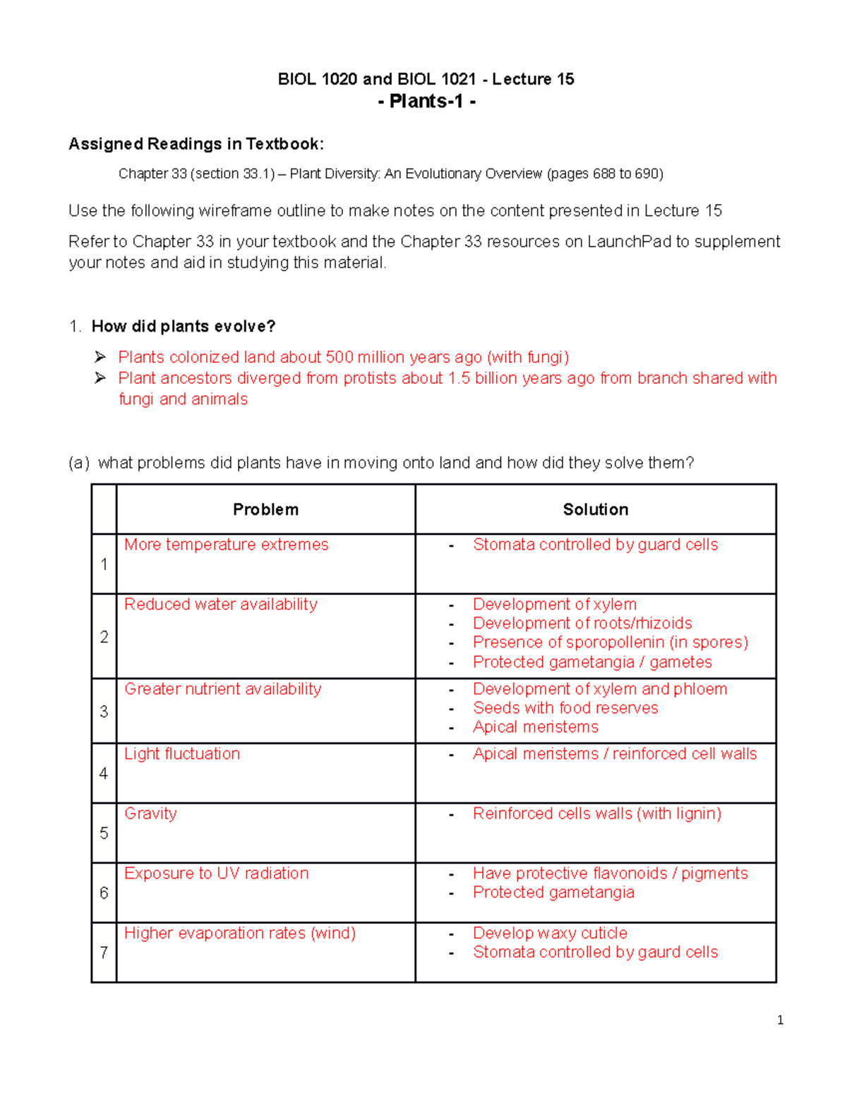 Lecture 15 - BIOL 1020 and BIOL 1021 - Lecture 15 - Plants-1 - Assigned ...
