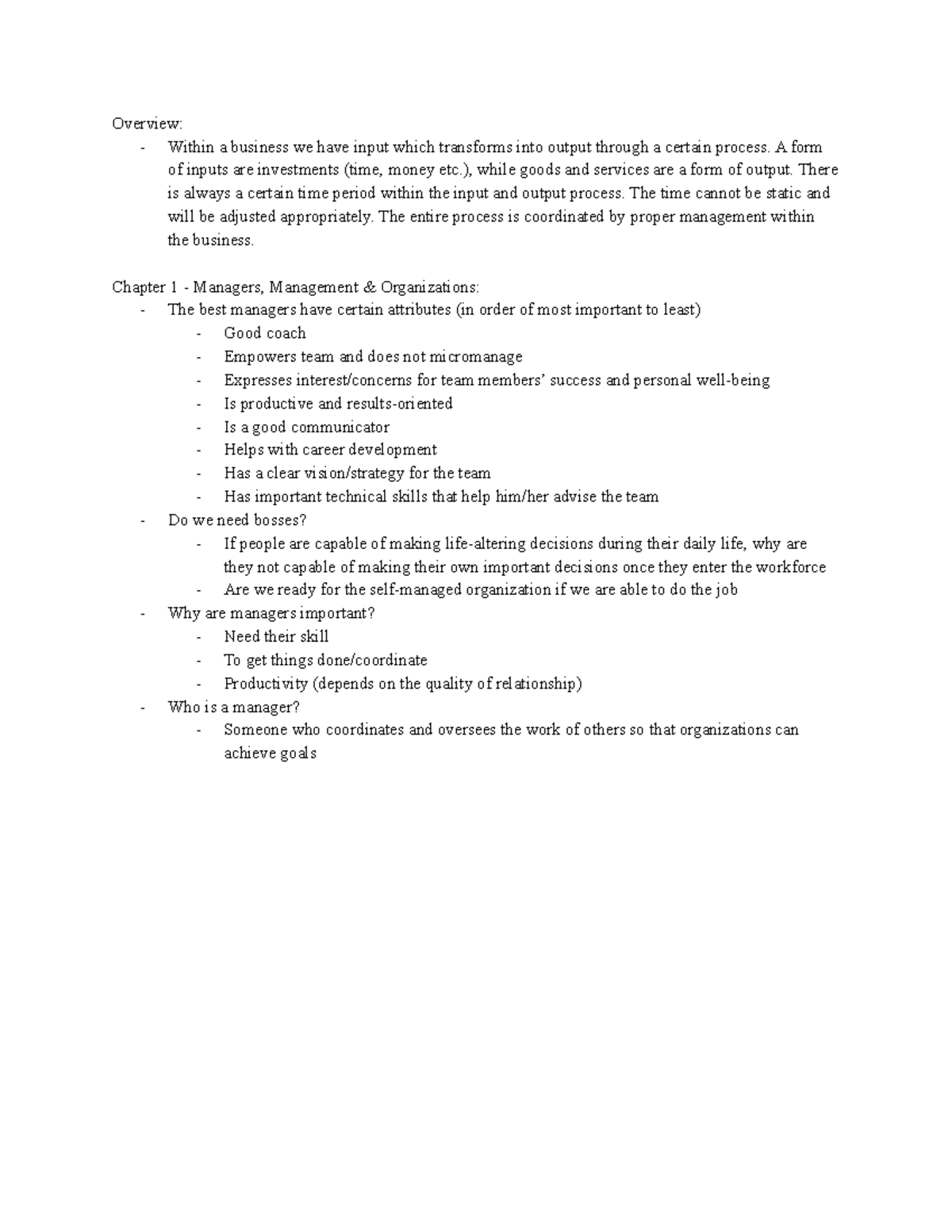 Intro to Business Management - Lecture 1 - Overview: - Within a ...