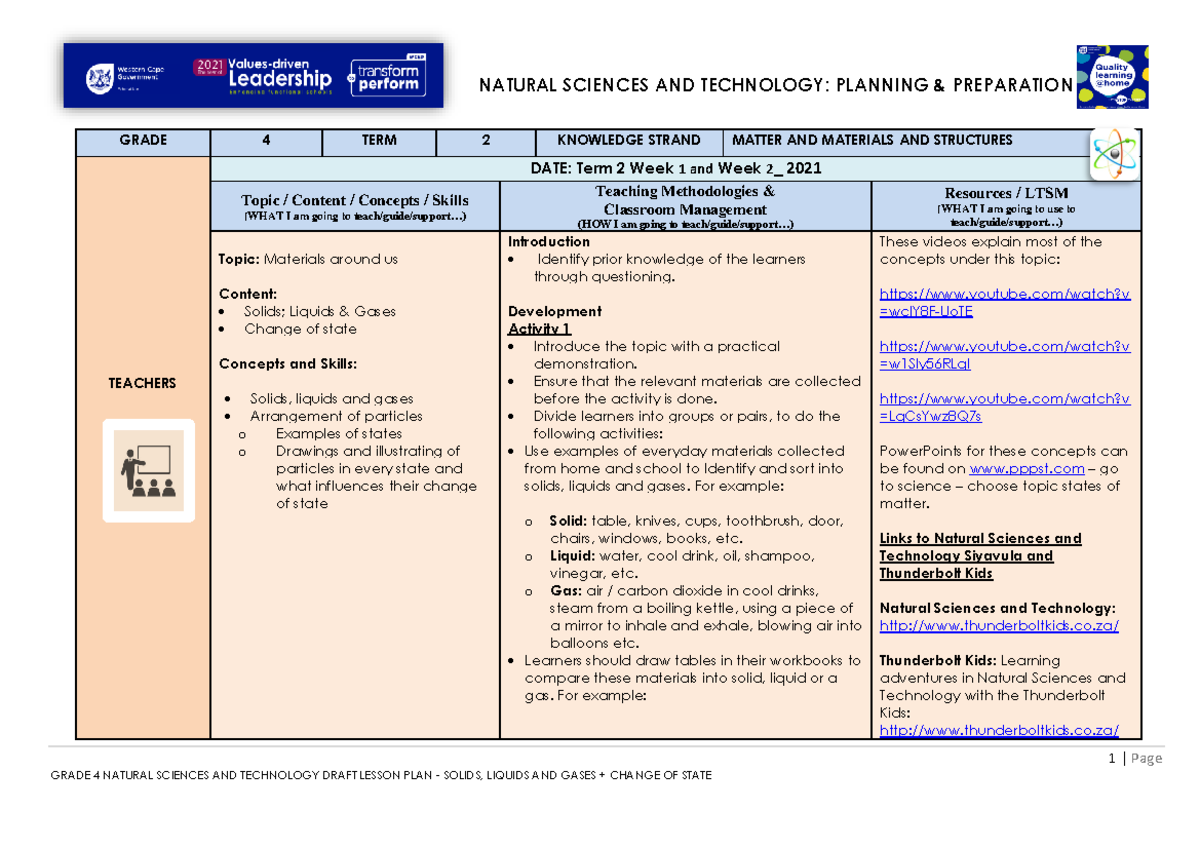 Lesson Plan Gr. 4 Natural Sciences and Technology T2 W1 & W2 - 1 | Page ...