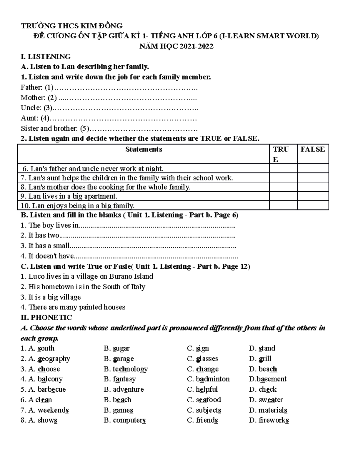 DE Cuong ON TAP GIUA KI 1 Tieng ANH LOP 6 Ilearn Smart World - TRƯỜNG THCS KIM ĐỒNG ĐỀ CƯƠNG ÔN ...