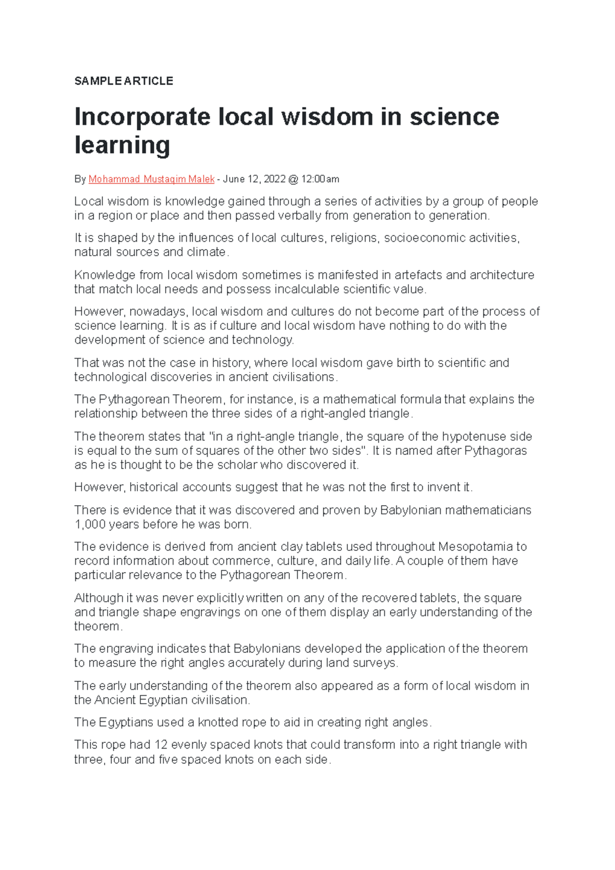 Sample Article - ..... - SAMPLE ARTICLE Incorporate local wisdom in ...