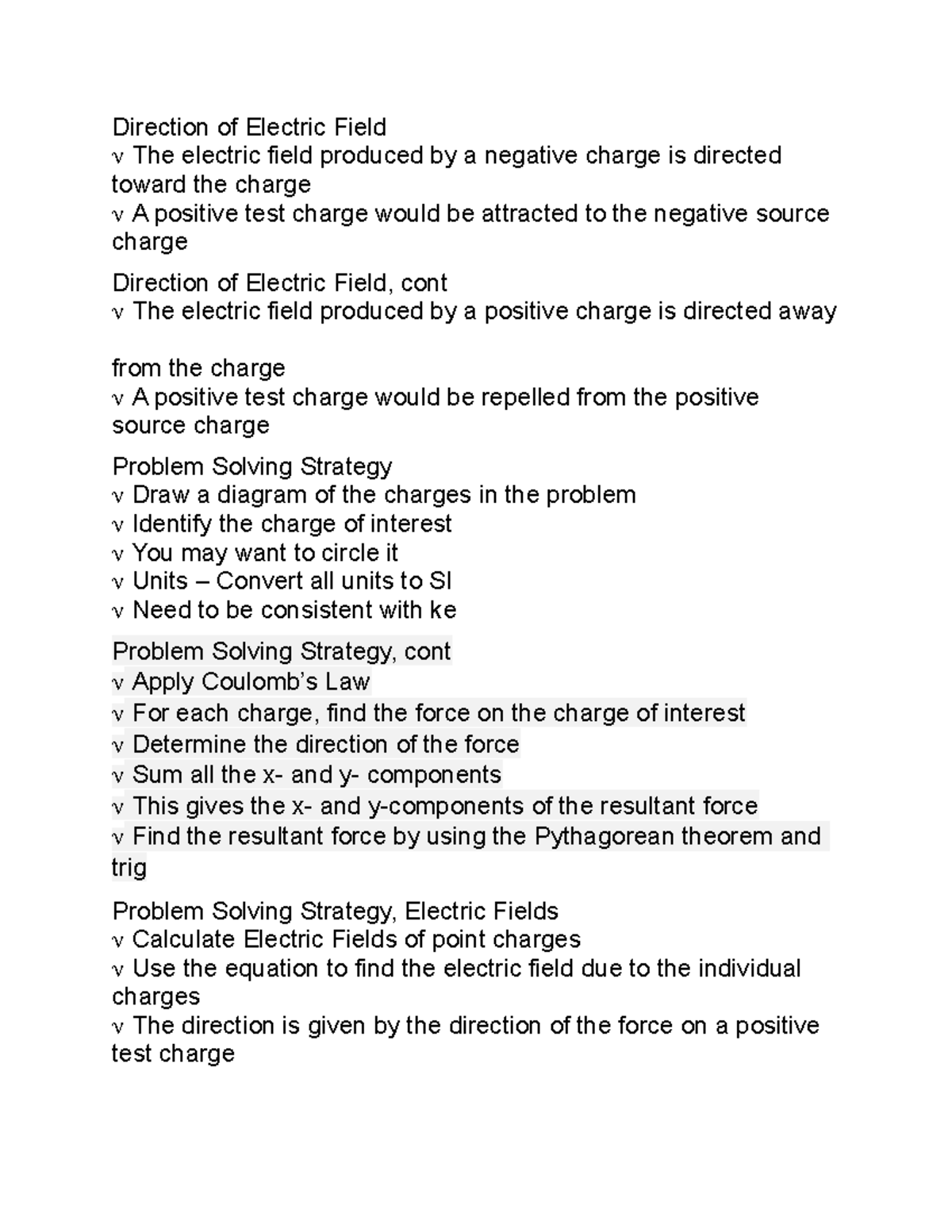PHYS 5 - Physics notes - Direction of Electric Field The electric field ...