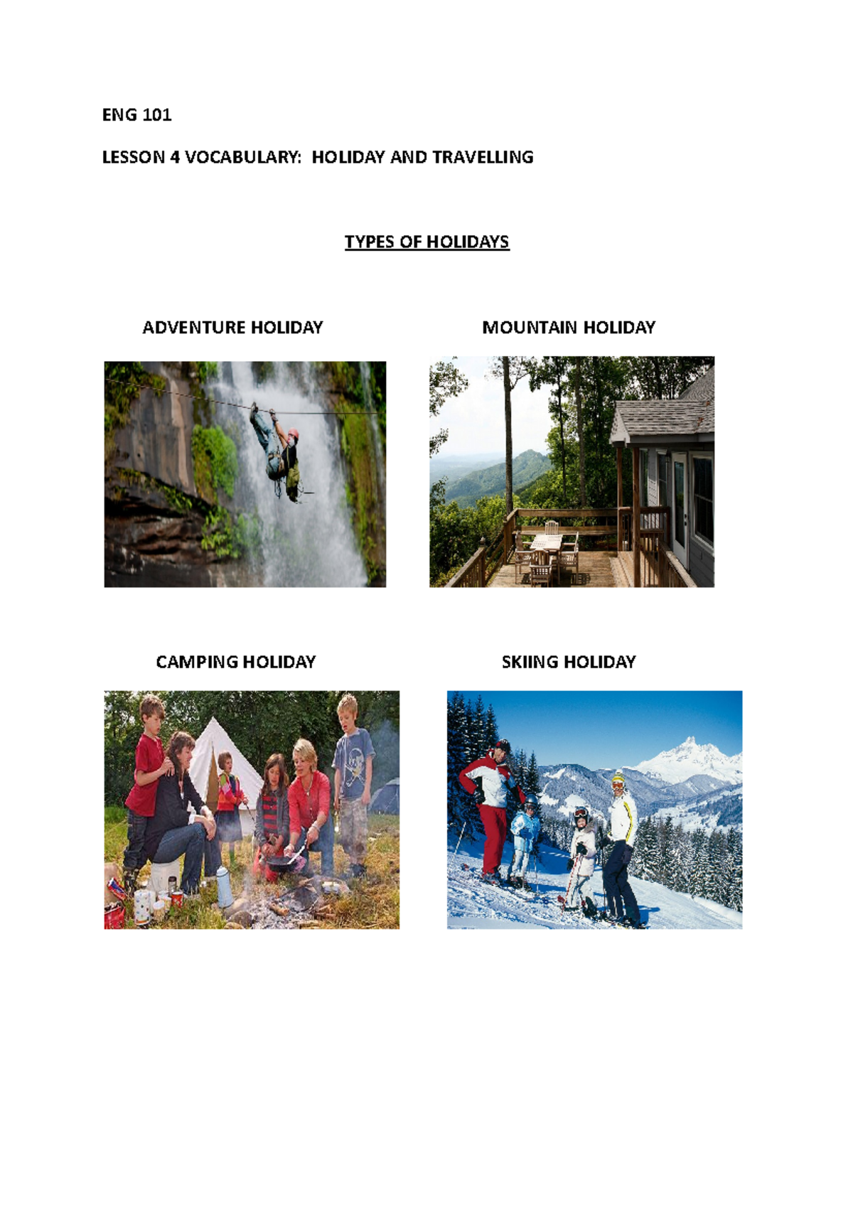 ENG101 Lesson 4 and 5 Vocabulary Holidays and Tourist Attractions - ENG ...