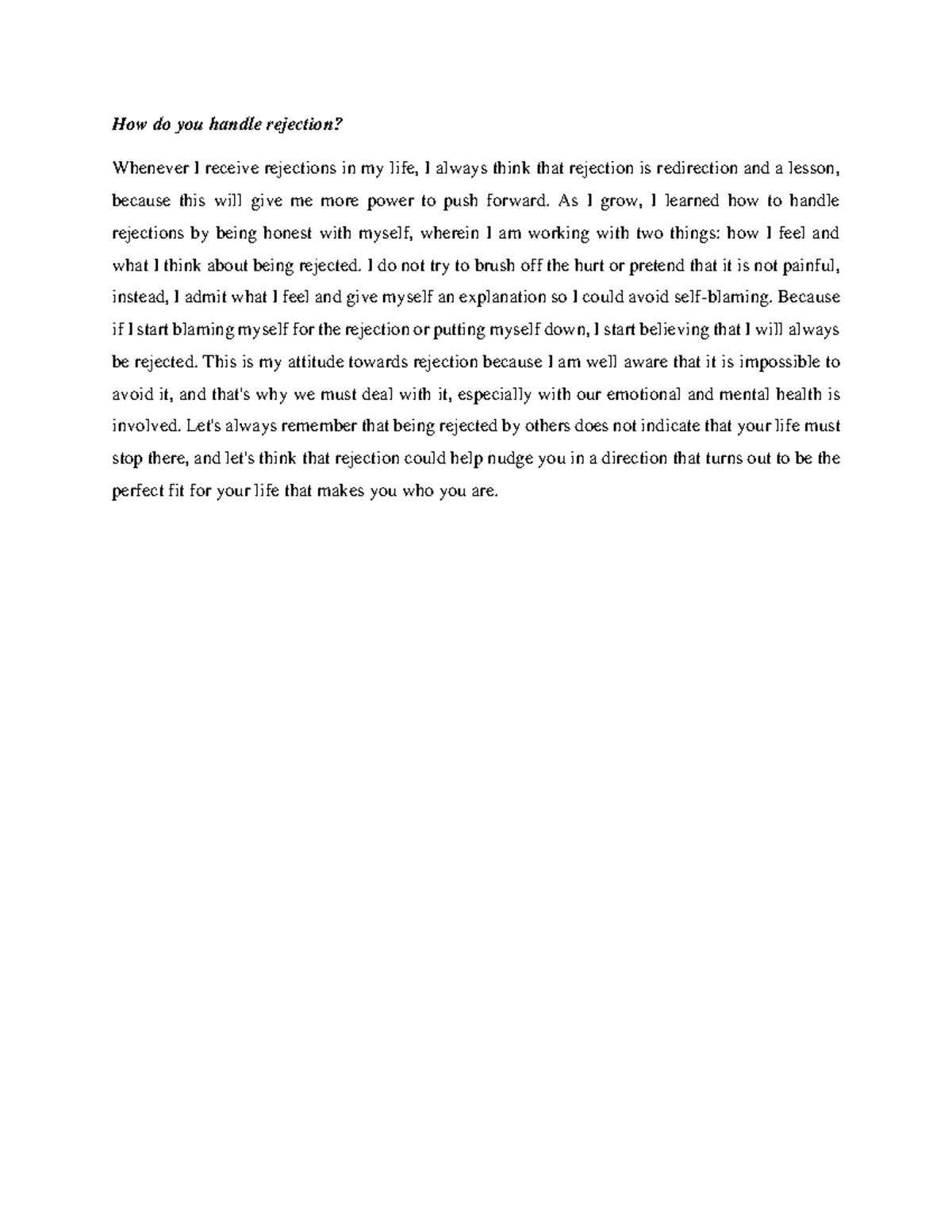 PATH FIT 4- Reflection 2 - How do you handle rejection? Whenever I ...