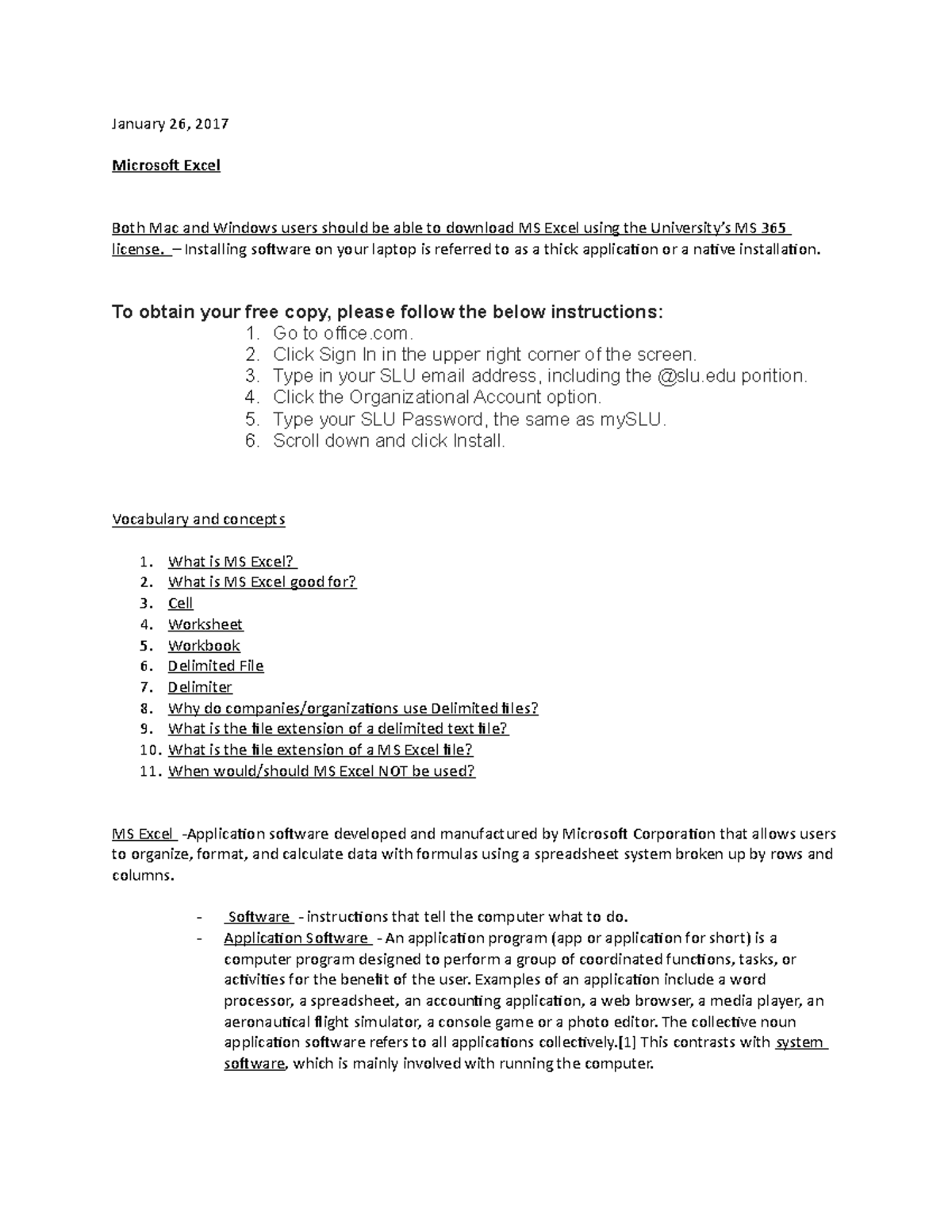 Excel Lecture 1 - January 26, 2017 Microsoft Excel Both Mac and Windows ...