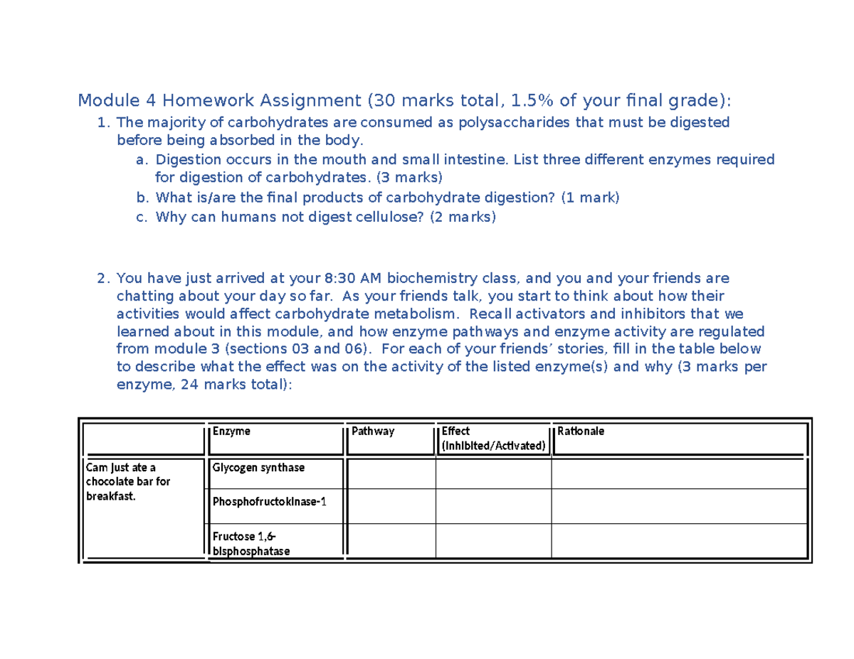 BCHM 270 F23 Module 4 Homework - Module 4 Homework Assignment (30 marks total, 1% of your final ...